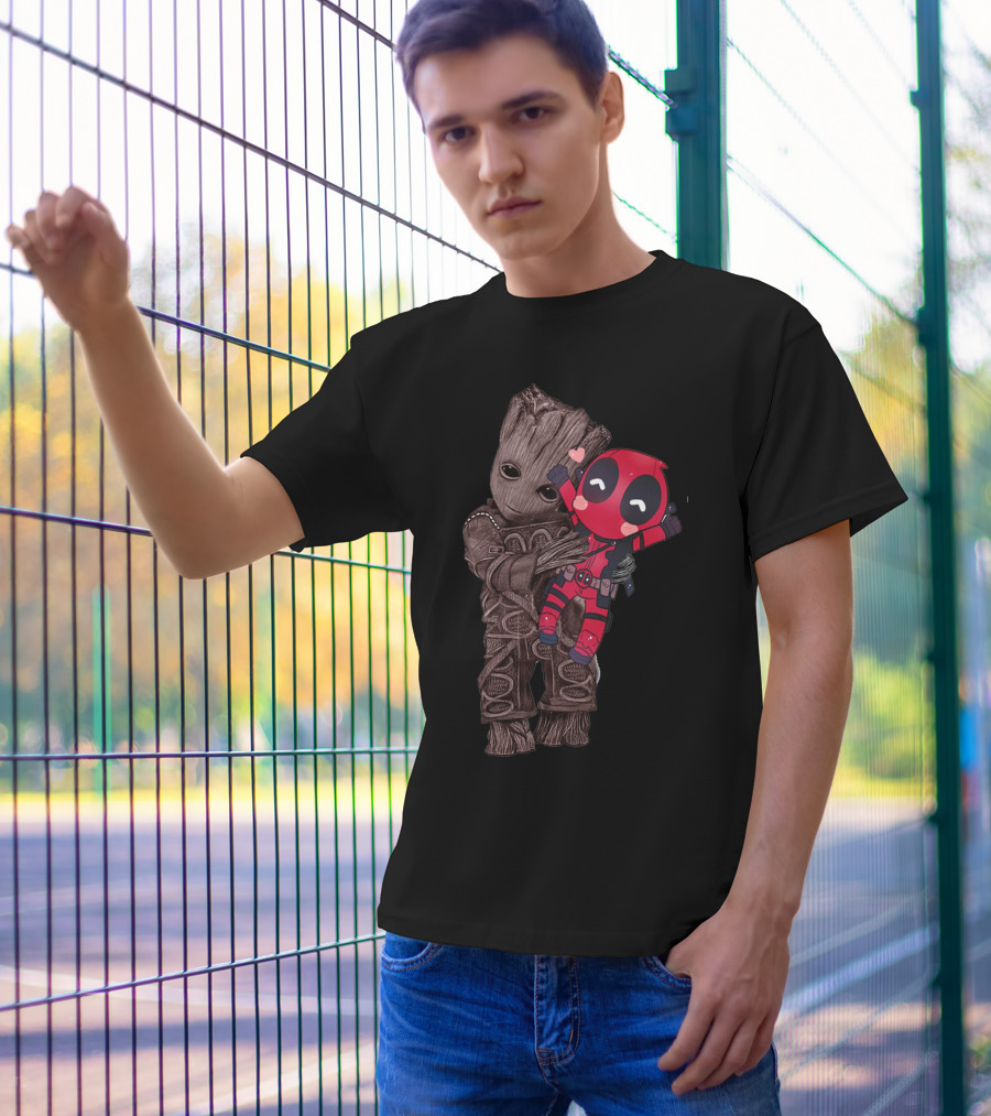 Groot Hugging Chibi Deadpool With Hearts T-Shirt