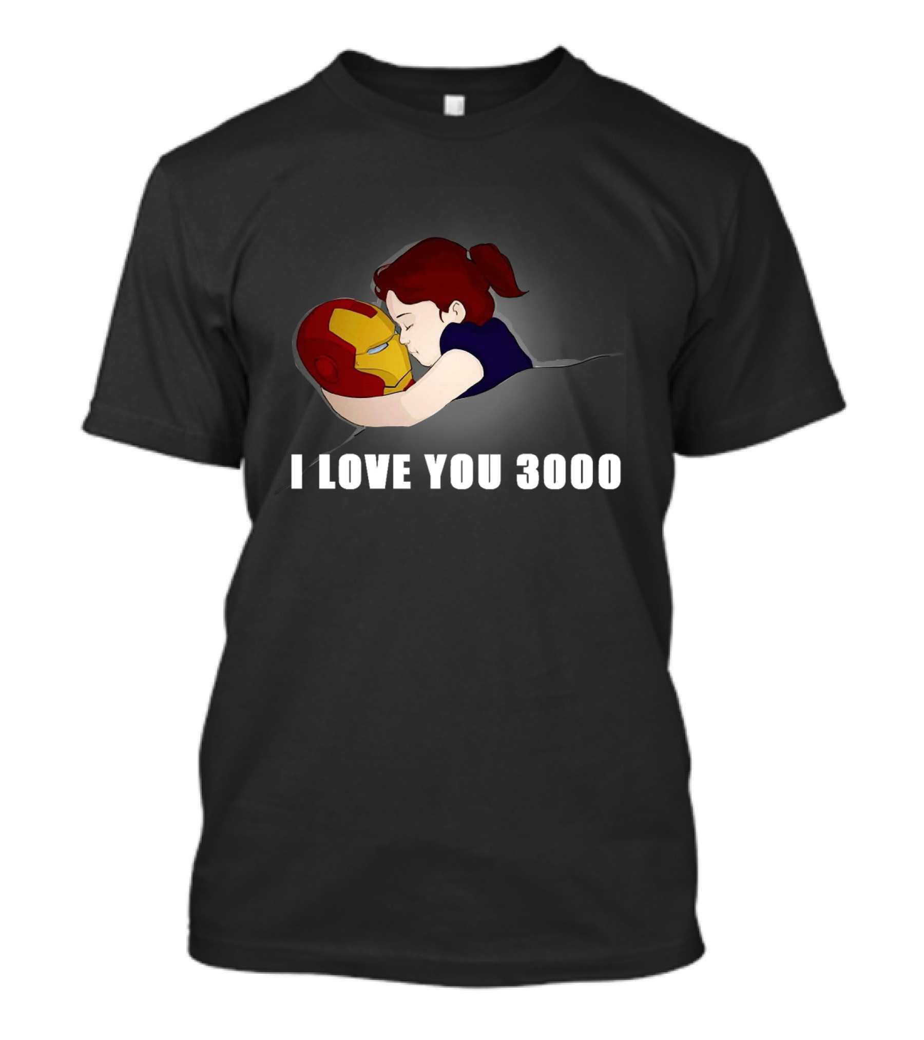 Morgan Stark Hugging Iron Man Helmet With I Love You 3000 Text T-Shirt