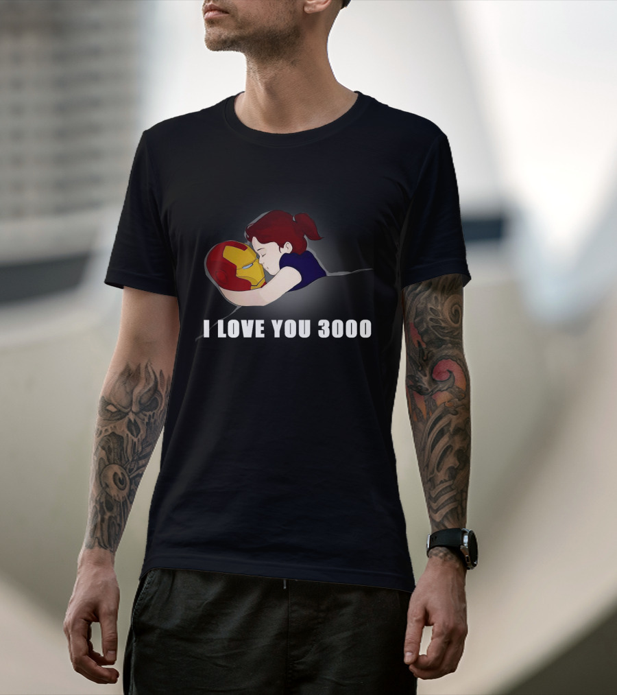 Morgan Stark Hugging Iron Man Helmet With I Love You 3000 Text T-Shirt