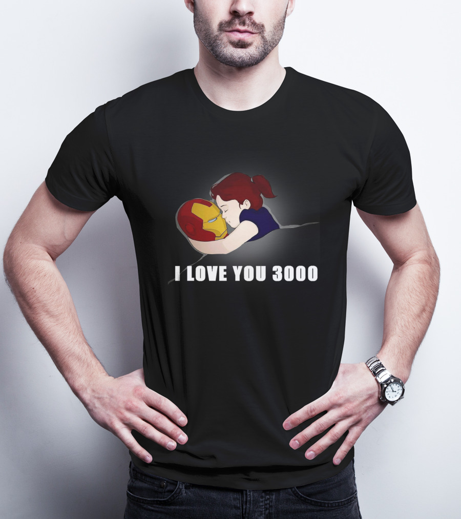 Morgan Stark Hugging Iron Man Helmet With I Love You 3000 Text T-Shirt
