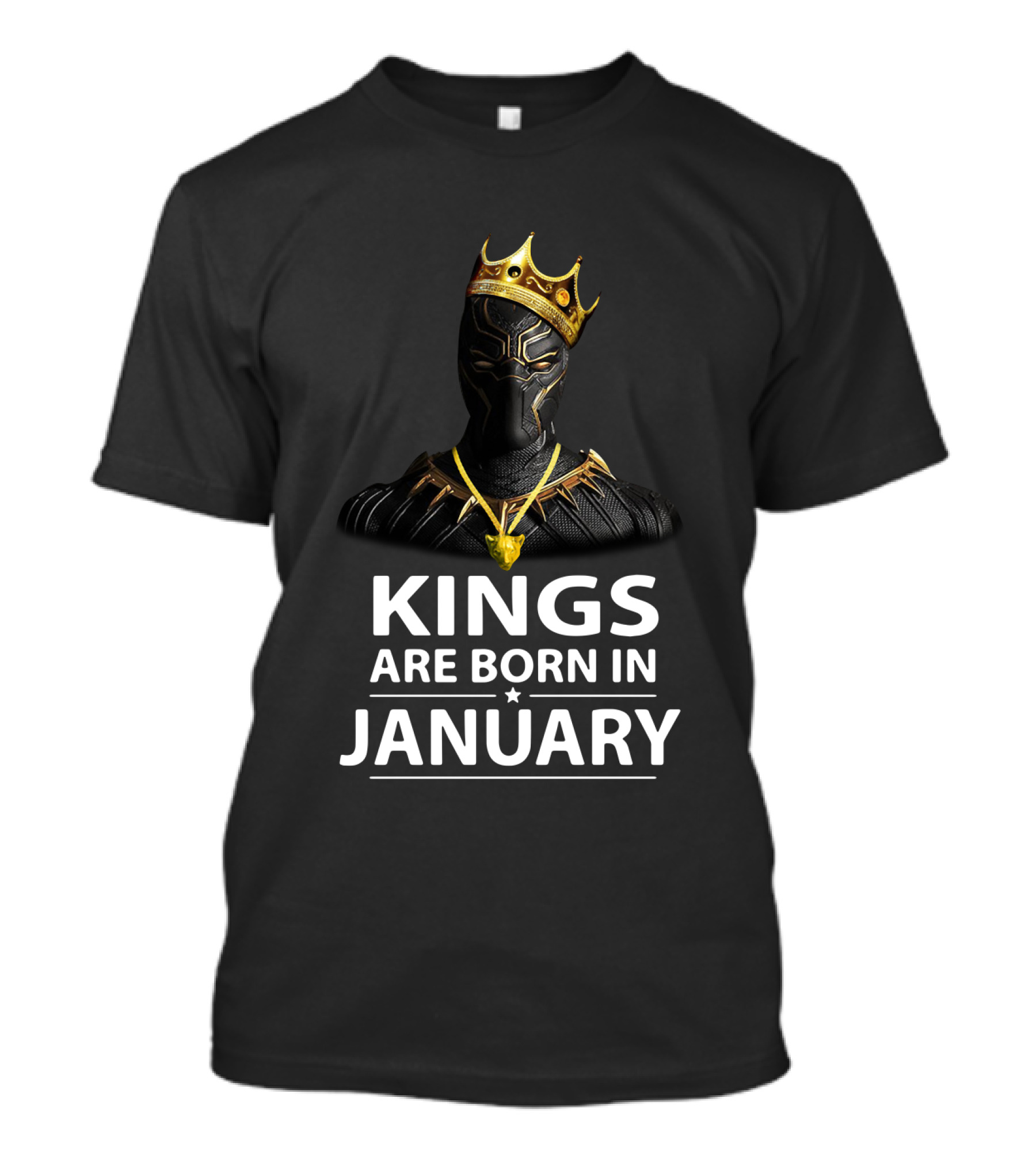 Kings Are Born In January Black Panther With Crown And Necklace T-Shirt