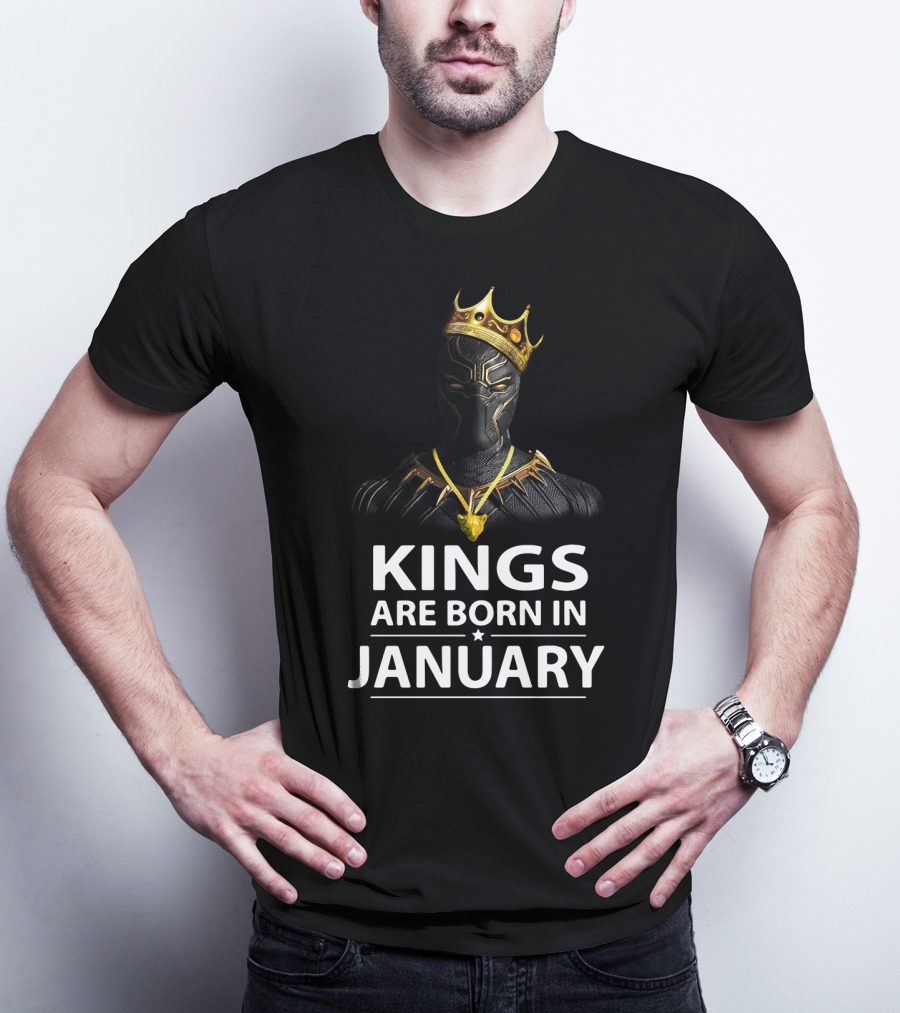 Kings Are Born In January Black Panther With Crown And Necklace T-Shirt