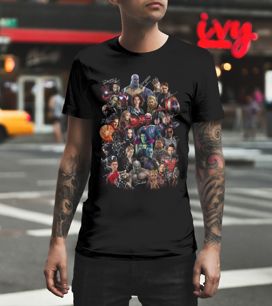 Marvel Avengers Endgame Cast Signatures Featuring Iconic Heroes And Villains T-Shirt