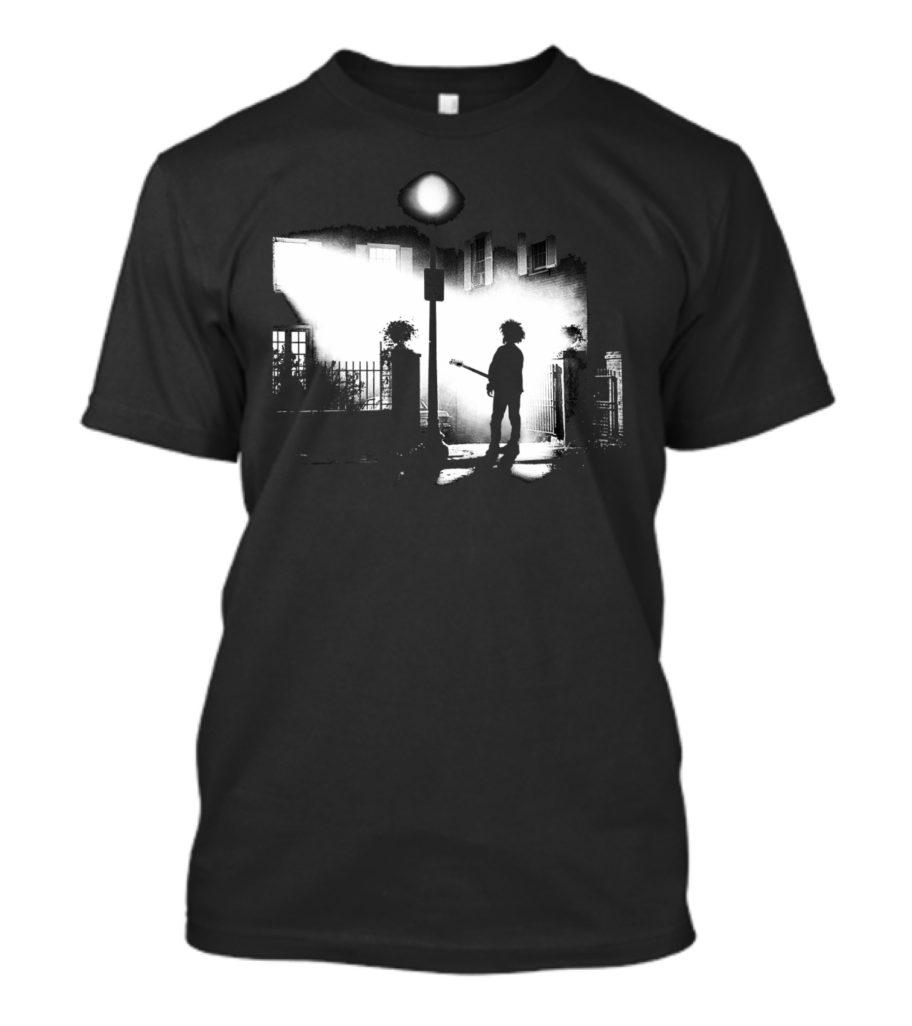Curexorcist Gothic Silhouette Under Streetlight With Guitar In Black And White Urban Scene T-Shirt