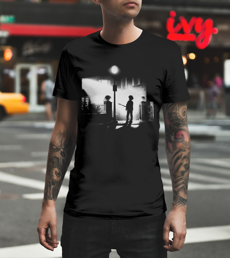 Curexorcist Gothic Silhouette Under Streetlight With Guitar In Black And White Urban Scene T-Shirt
