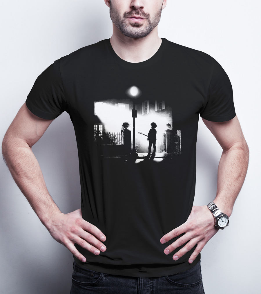 Curexorcist Gothic Silhouette Under Streetlight With Guitar In Black And White Urban Scene T-Shirt