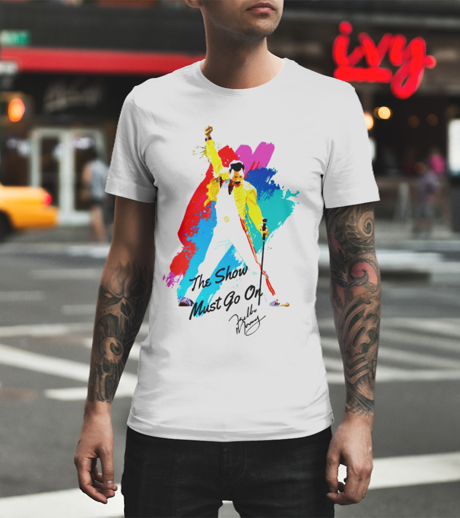 Queen The Show Must Go On Signature Artwork Colorful Freddie Mercury Image T-Shirt