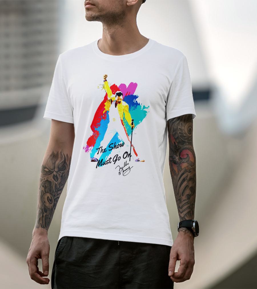 Queen The Show Must Go On Signature Artwork Colorful Freddie Mercury Image T-Shirt