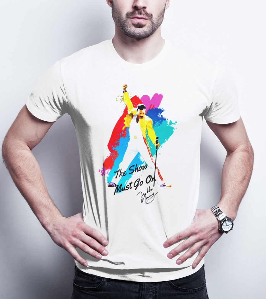 Queen The Show Must Go On Signature Artwork Colorful Freddie Mercury Image T-Shirt