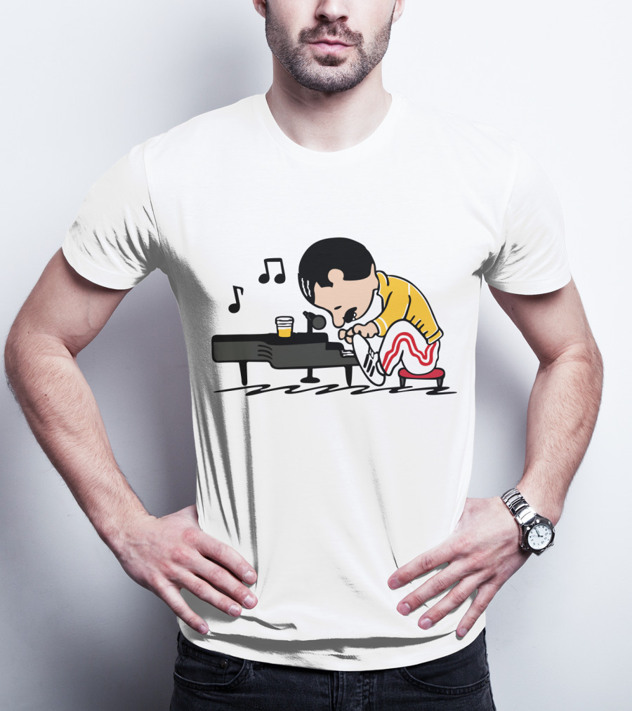 Freddie Mercury Cartoon At Piano With Music Notes And Beer Glass T-Shirt