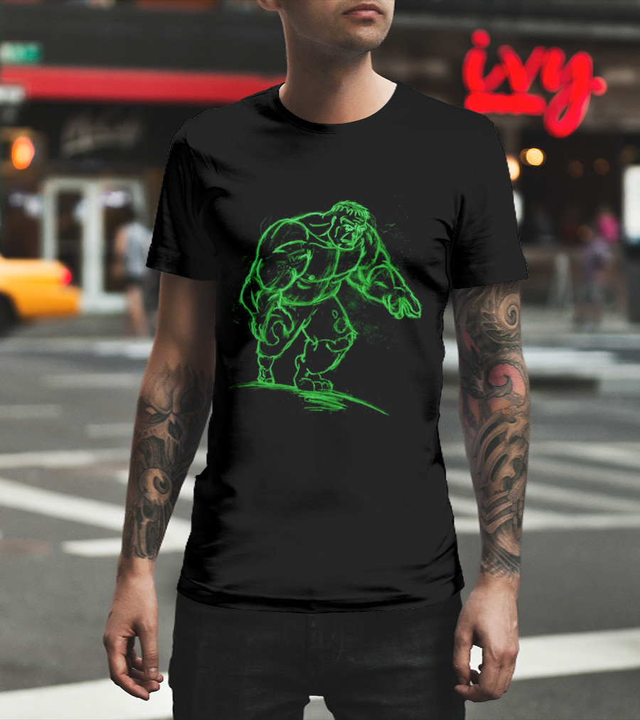 Green Neon Sketch Of Hulk In Dynamic Stance T-Shirt