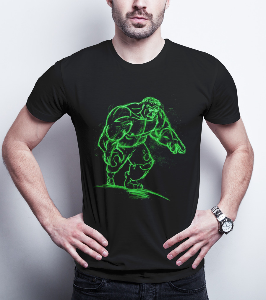 Green Neon Sketch Of Hulk In Dynamic Stance T-Shirt