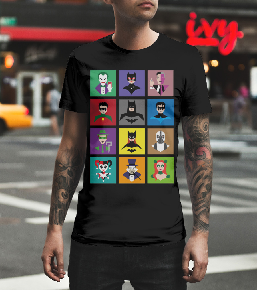 Batman Animated Villains Heroes Joker Catwoman Two-Face Robin Nightwing Riddler Batgirl Bane Harley Quinn Penguin Poison Ivy T-Shirt