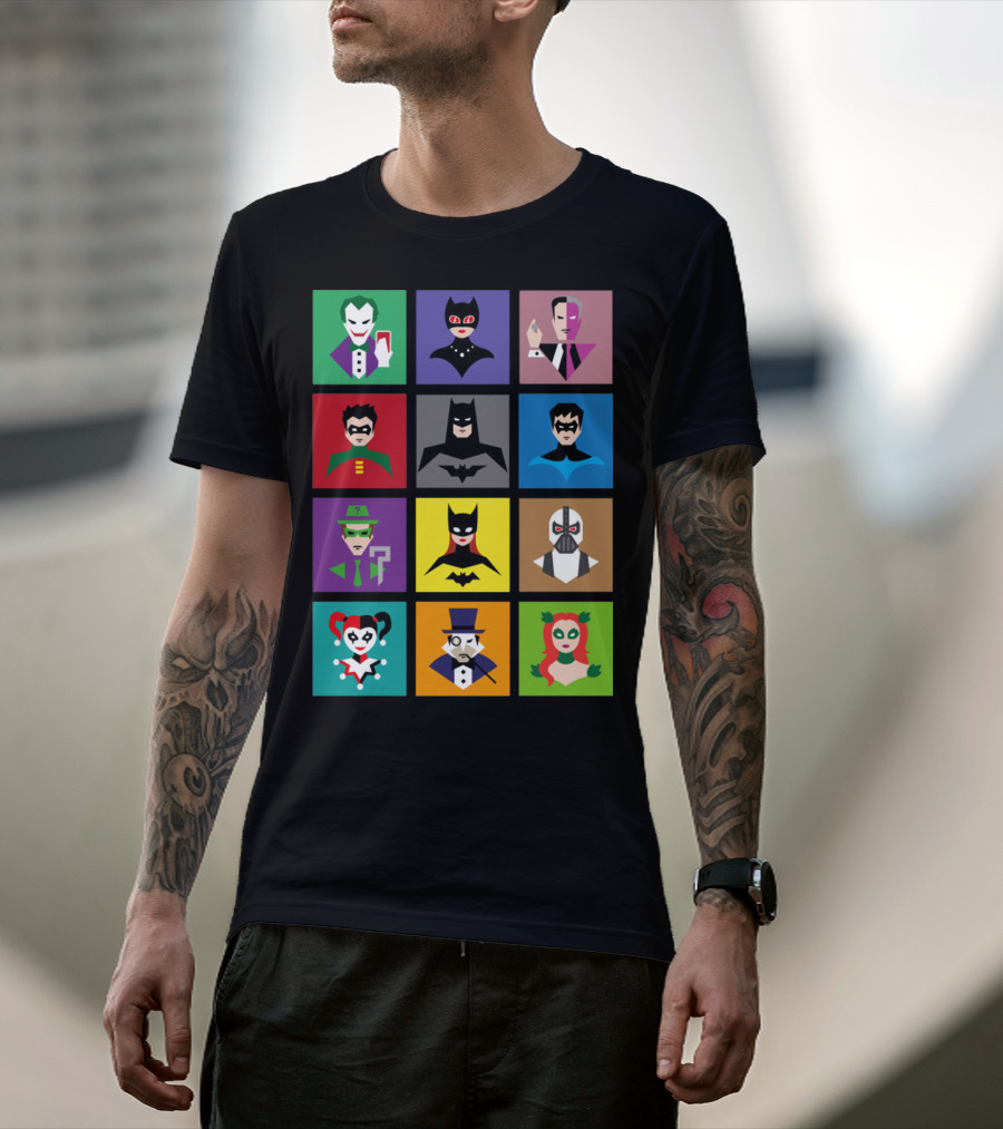 Batman Animated Villains Heroes Joker Catwoman Two-Face Robin Nightwing Riddler Batgirl Bane Harley Quinn Penguin Poison Ivy T-Shirt