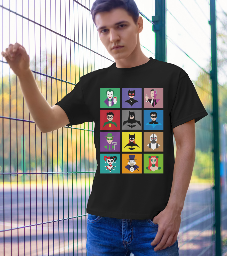 Batman Animated Villains Heroes Joker Catwoman Two-Face Robin Nightwing Riddler Batgirl Bane Harley Quinn Penguin Poison Ivy T-Shirt
