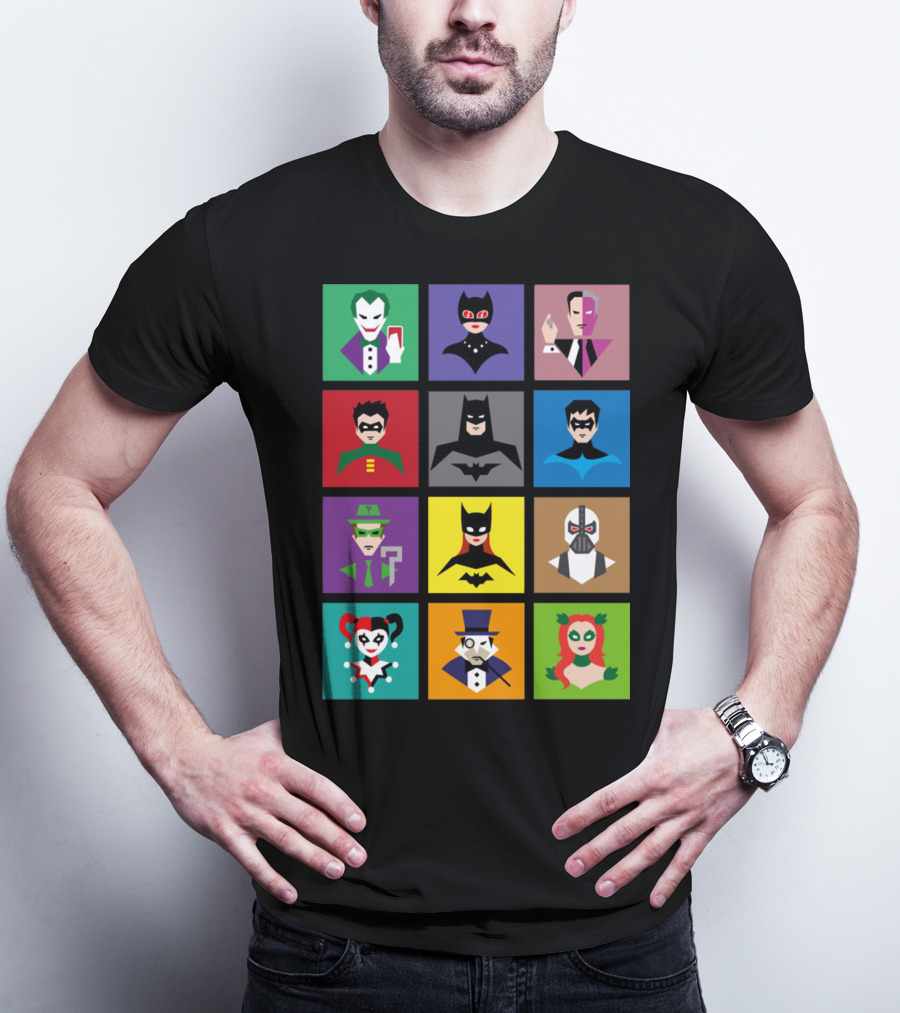 Batman Animated Villains Heroes Joker Catwoman Two-Face Robin Nightwing Riddler Batgirl Bane Harley Quinn Penguin Poison Ivy T-Shirt