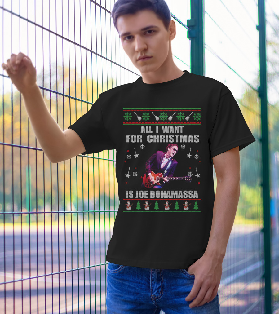All I Want For Christmas Is Joe Bonamassa Holiday Sweater Design Snowflakes Guitars T-Shirt
