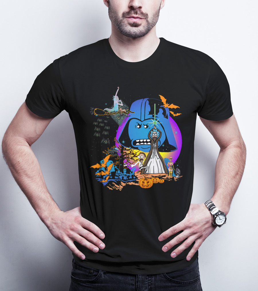 RICK MORTY Star Wars Darth Vader Halloween Crossover With Lightsabers And Pumpkins T-Shirt