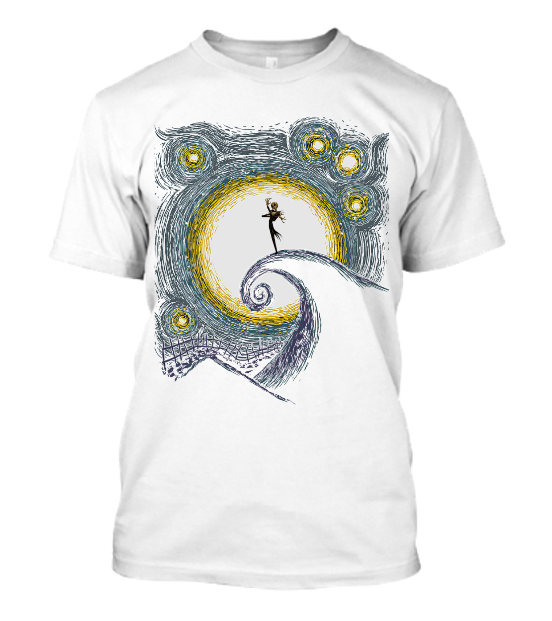 Jack Skellington On Curled Hill With Starry Night Inspired Background T-Shirt