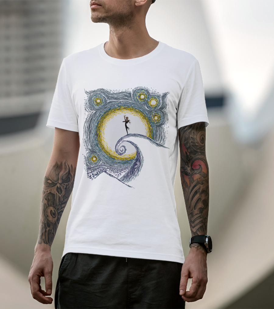 Jack Skellington On Curled Hill With Starry Night Inspired Background T-Shirt