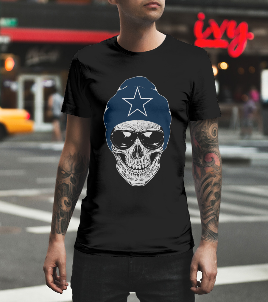 Dallas Cowboys Skull With Star Beanie And Sunglasses T-Shirt