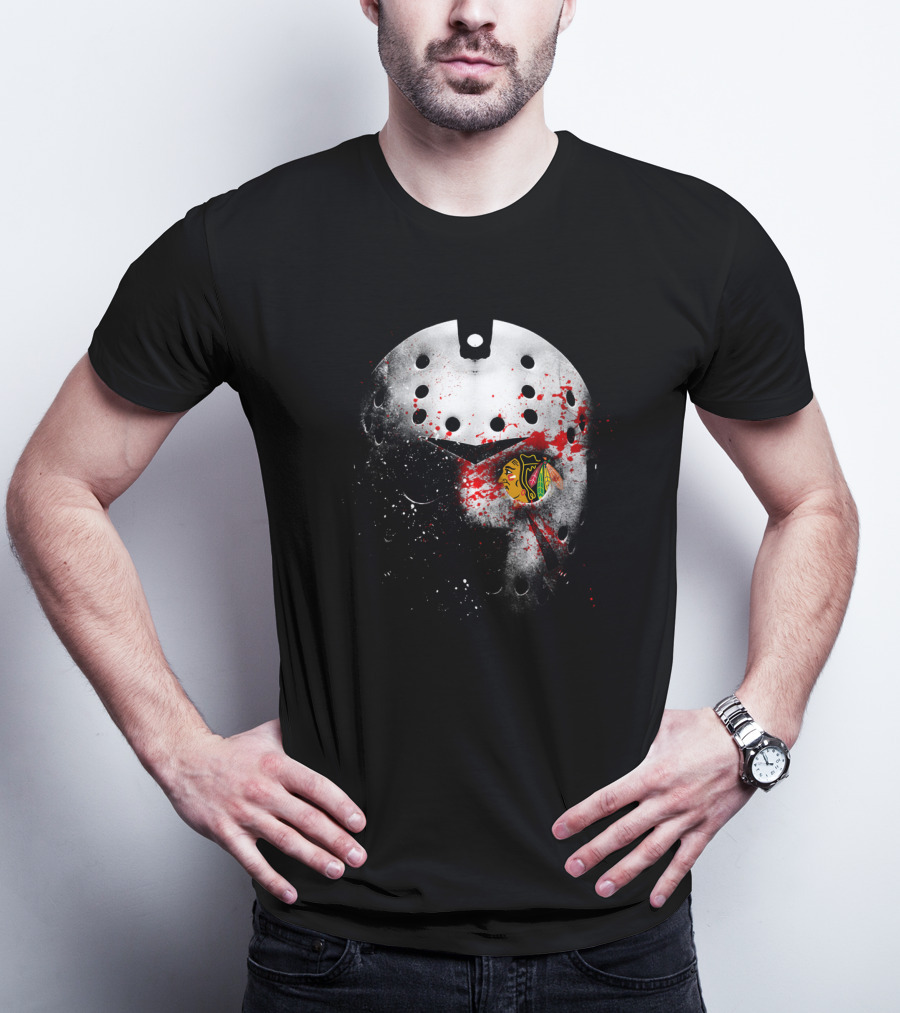 Chicago Blackhawks Jason Mask Blood Splatter Nhl Horror Crossover T-Shirt