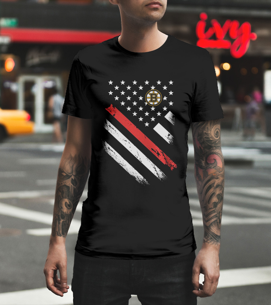 Boston Bruins American Flag Hockey Logo Stars Stripes T-Shirt