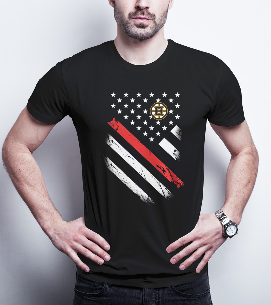Boston Bruins American Flag Hockey Logo Stars Stripes T-Shirt