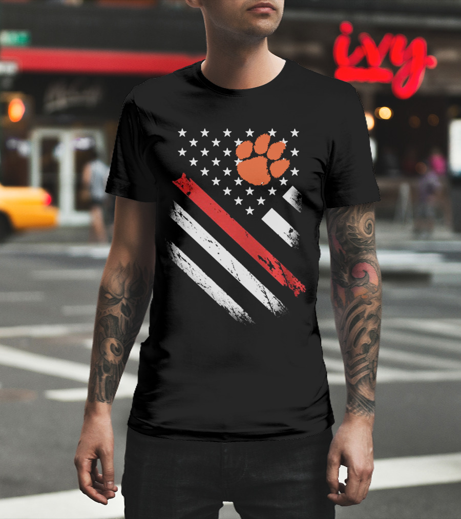 Clemson Tigers Football American Flag Paw Print Stars Stripes T-Shirt