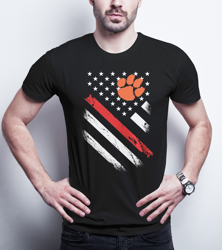Clemson Tigers Football American Flag Paw Print Stars Stripes T-Shirt