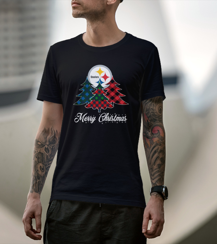 Steelers Merry Christmas Plaid Trees T-Shirt