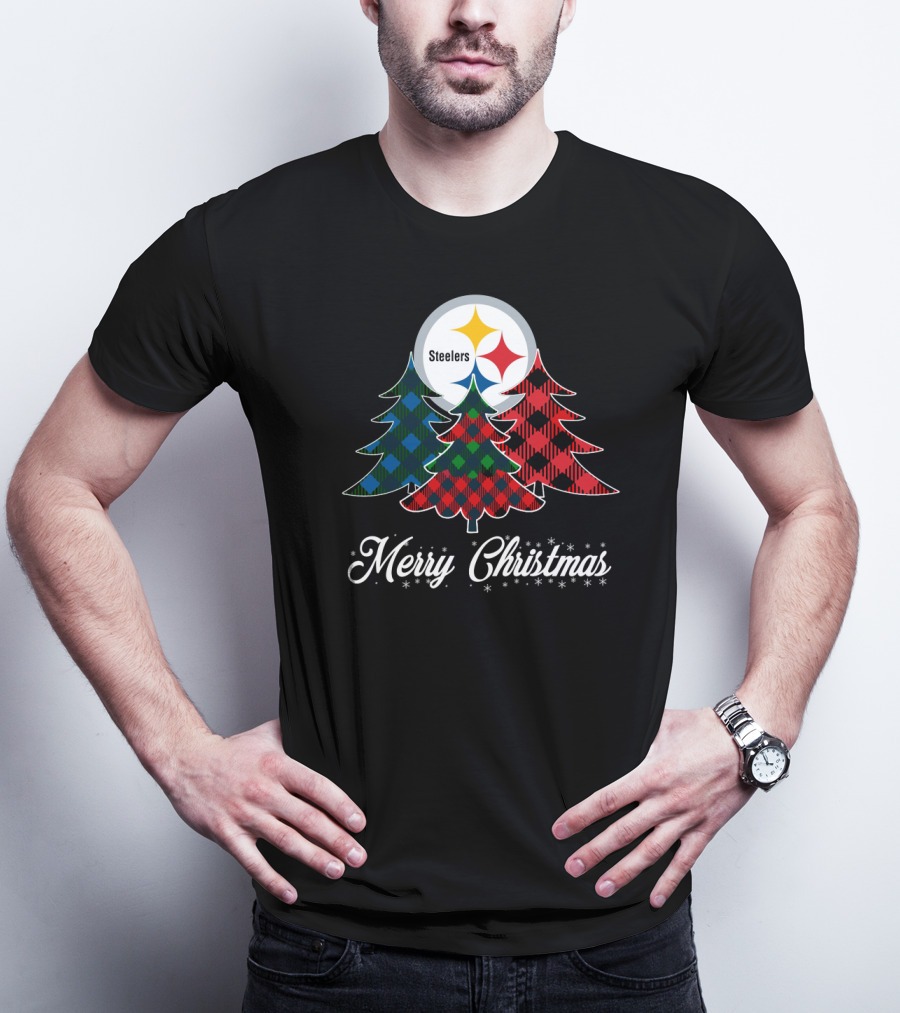 Steelers Merry Christmas Plaid Trees T-Shirt