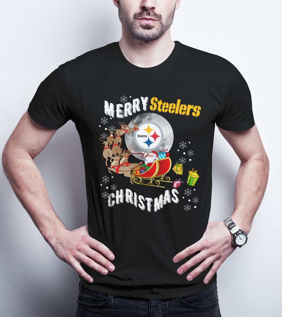 Merry Steelers Christmas Santa Sleigh And Moon T-Shirt