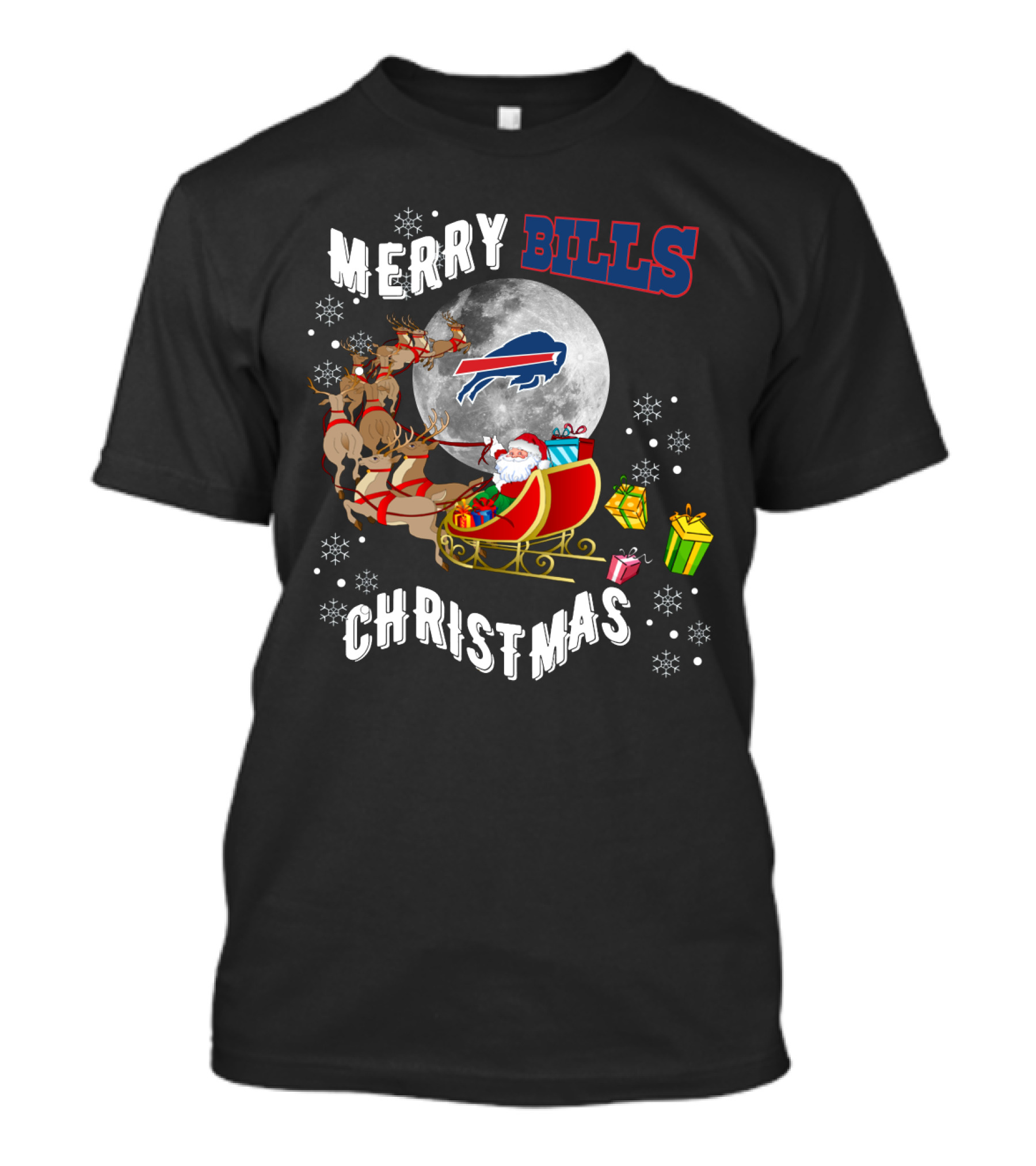 Merry Bills Christmas Buffalo Bills Santa Sleigh And Moon T-Shirt