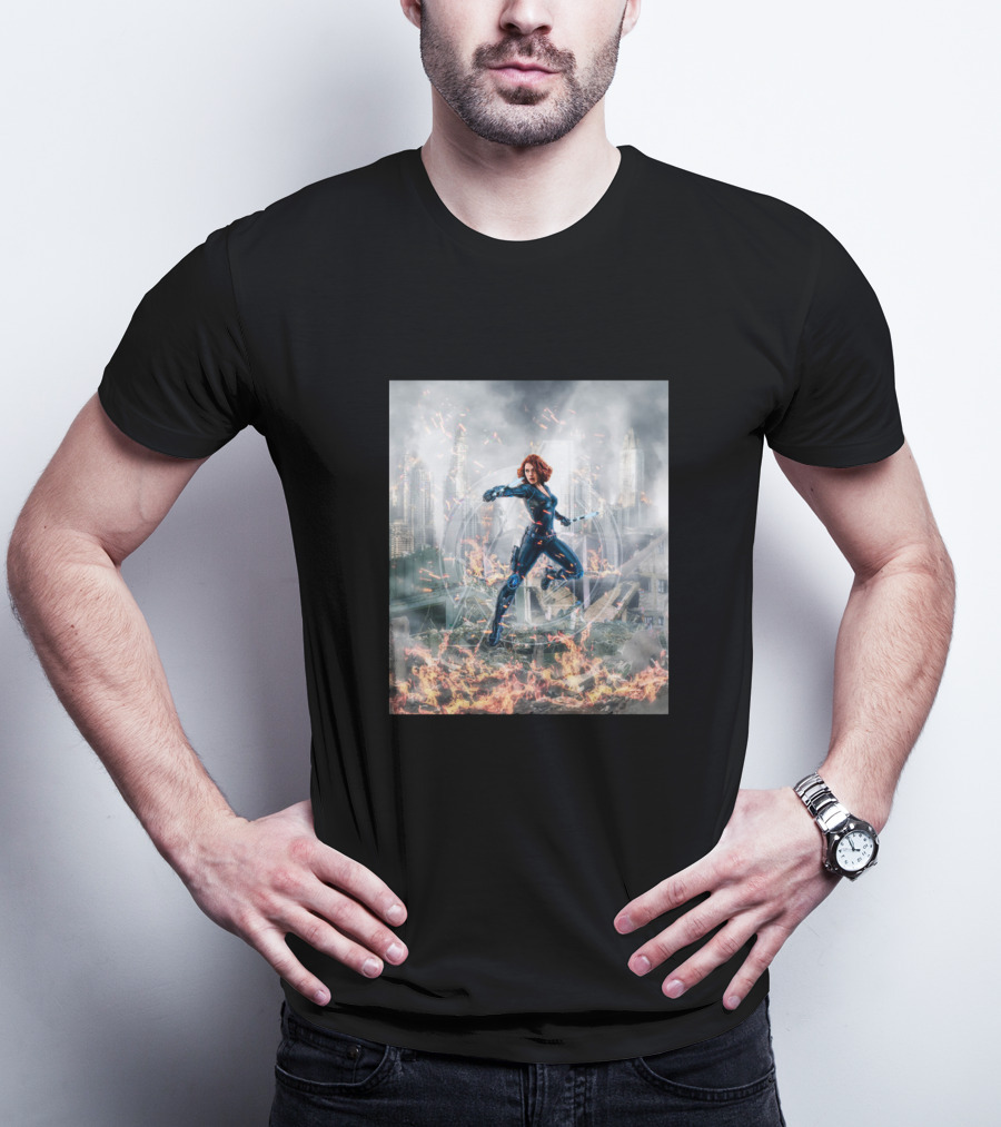 Avengers Cool Black Widow Action Scene Amidst Destruction T-Shirt