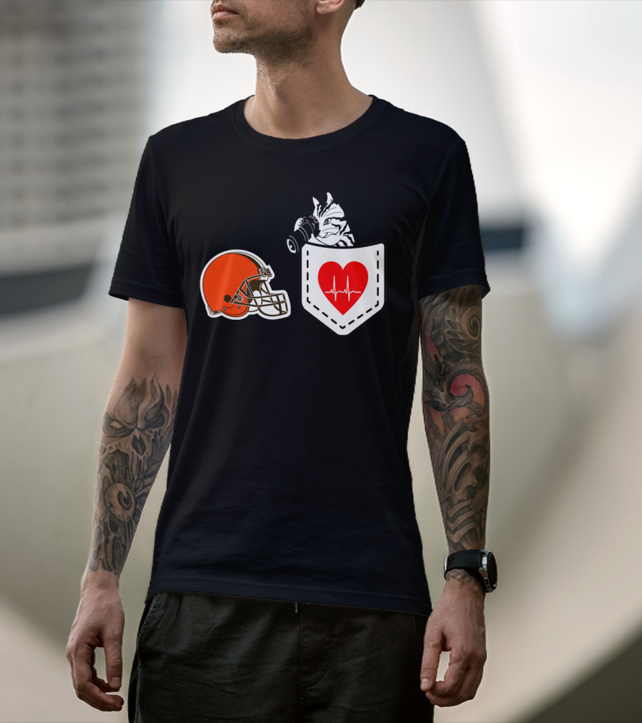 Cleveland Browns Helmet Zebra Heartbeat Pocket T-Shirt