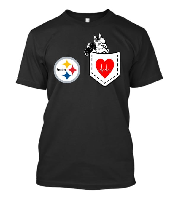 Pittsburgh Steelers Logo With Heartbeat Pocket Cat T-Shirt