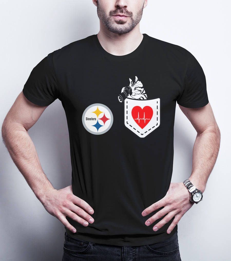 Pittsburgh Steelers Logo With Heartbeat Pocket Cat T-Shirt