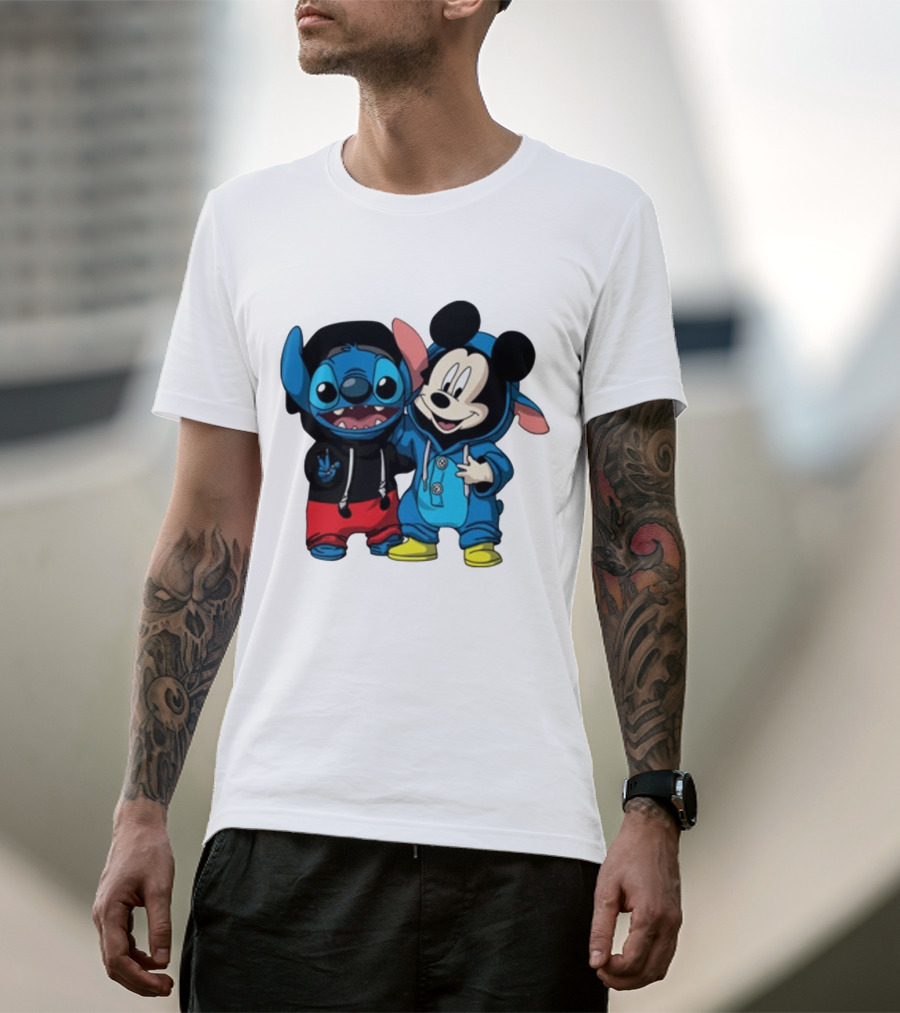 Mickey Mouse And Stitch In Hoodies T-Shirt