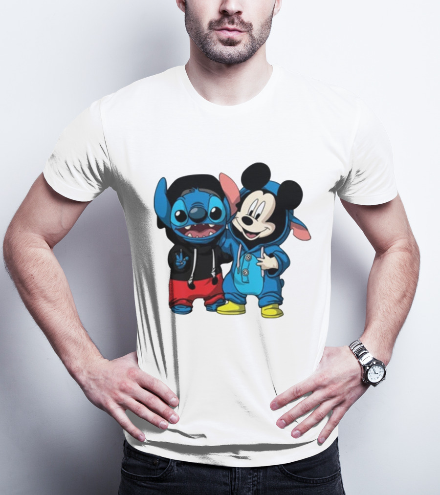 Mickey Mouse And Stitch In Hoodies T-Shirt