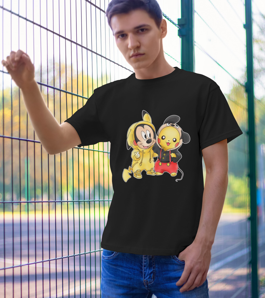 Mickey Pikachu Crossover Characters In Hoodie Costumes T-Shirt