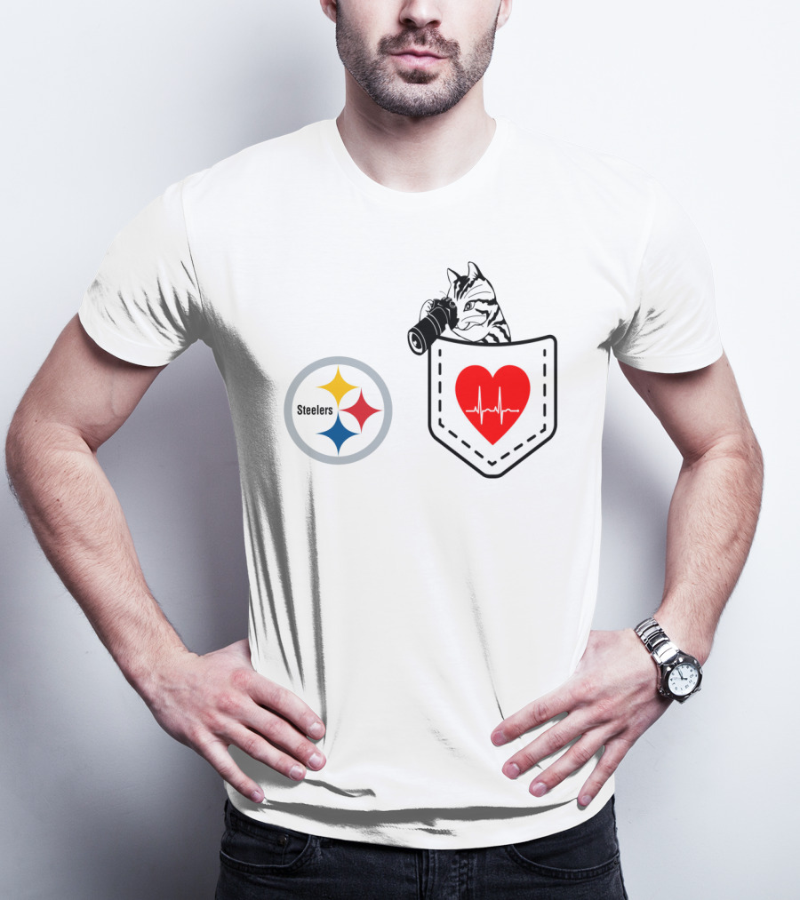 Pittsburgh Steelers Cat With Heartbeat Pocket T-Shirt