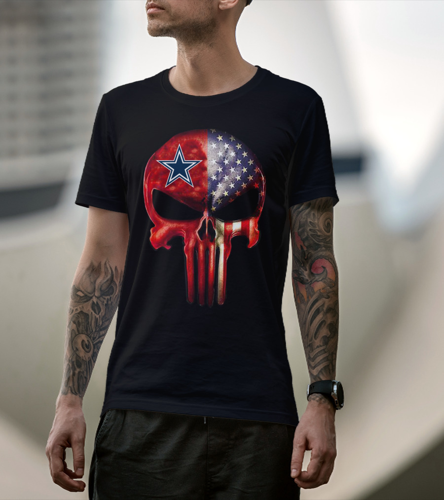 For True Dallas Fan Only Patriotic Skull With American Flag And Star T-Shirt