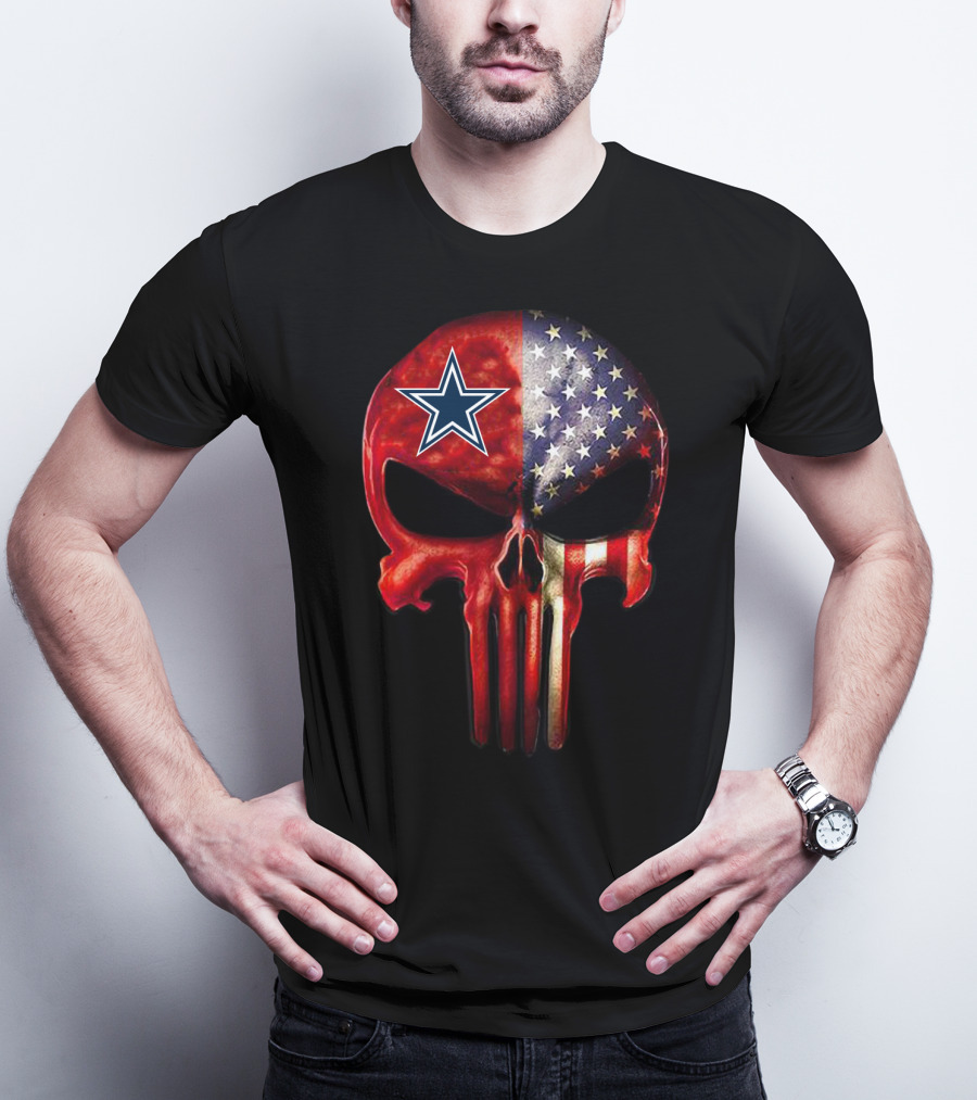For True Dallas Fan Only Patriotic Skull With American Flag And Star T-Shirt