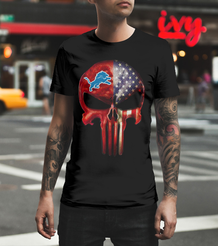 Patriotic Detroit Lions Punisher Skull T-Shirt