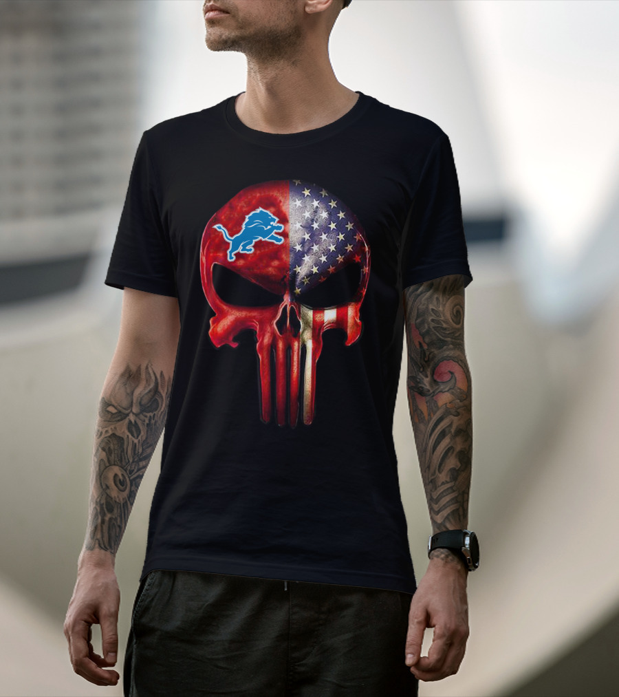 Patriotic Detroit Lions Punisher Skull T-Shirt