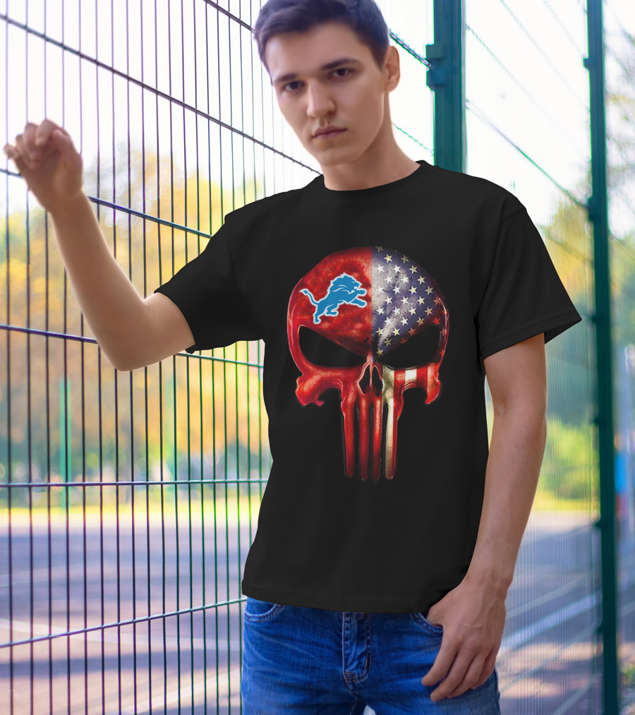 Patriotic Detroit Lions Punisher Skull T-Shirt