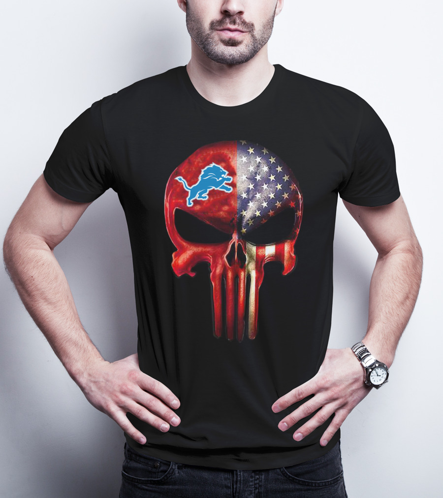 Patriotic Detroit Lions Punisher Skull T-Shirt