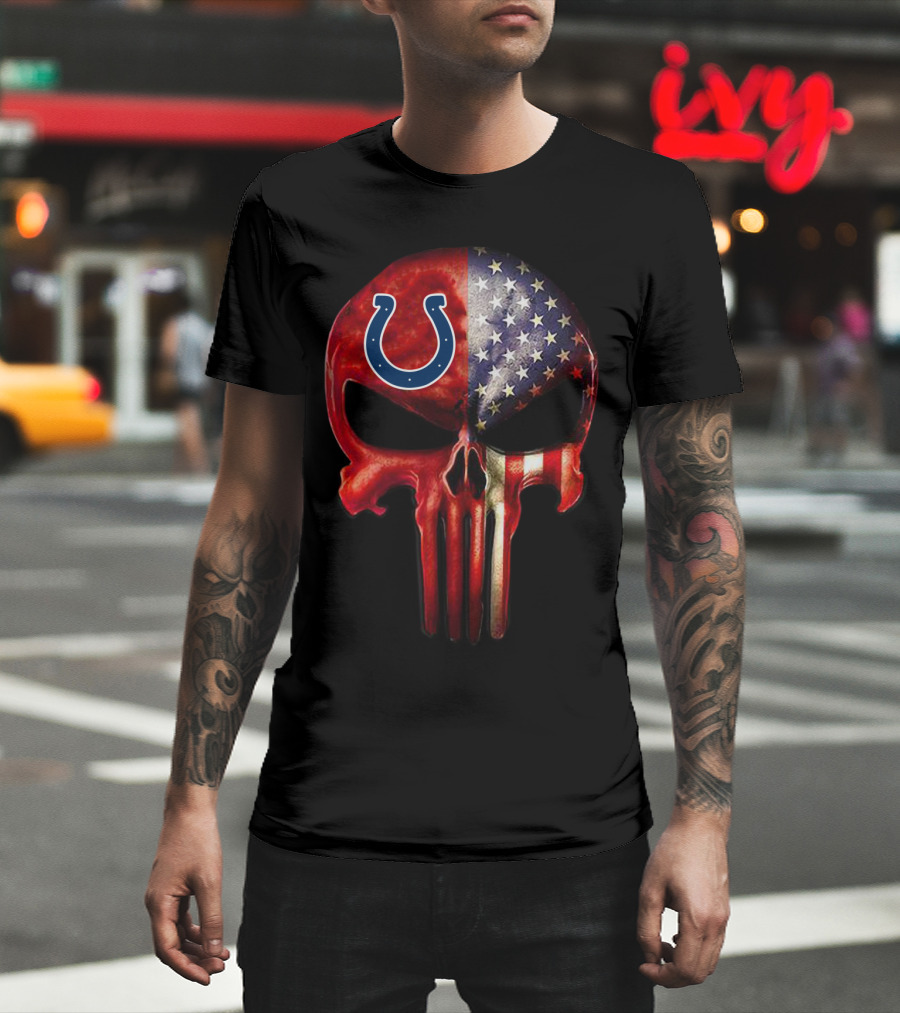 For True Indianapolis Fan Only Colts Punisher Skull American Flag T-Shirt