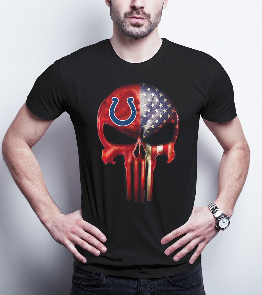 For True Indianapolis Fan Only Colts Punisher Skull American Flag T-Shirt